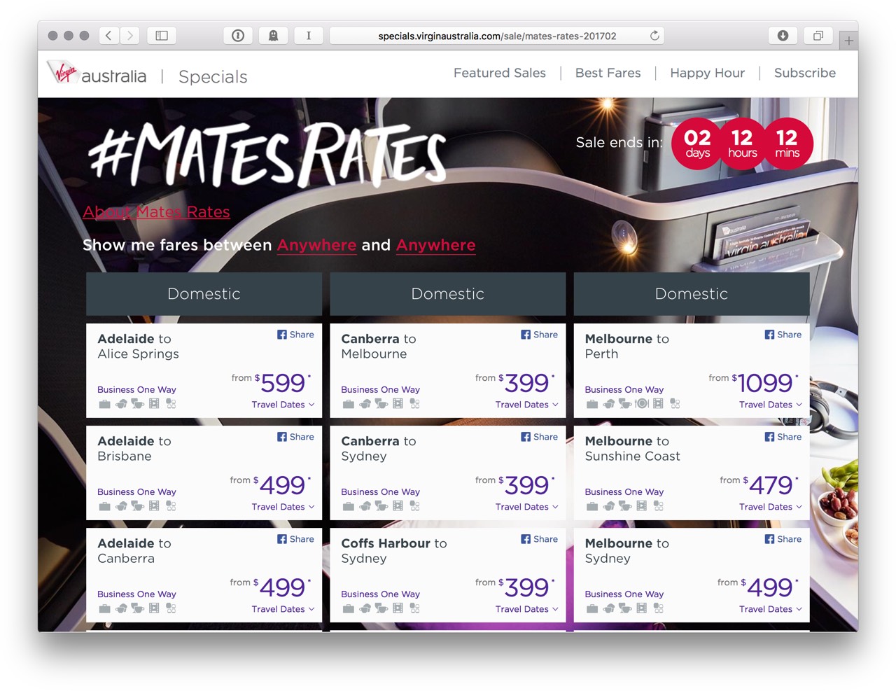 Virgin Australia Business Class Flash 'Mates Rates' Domestic Sale from ...